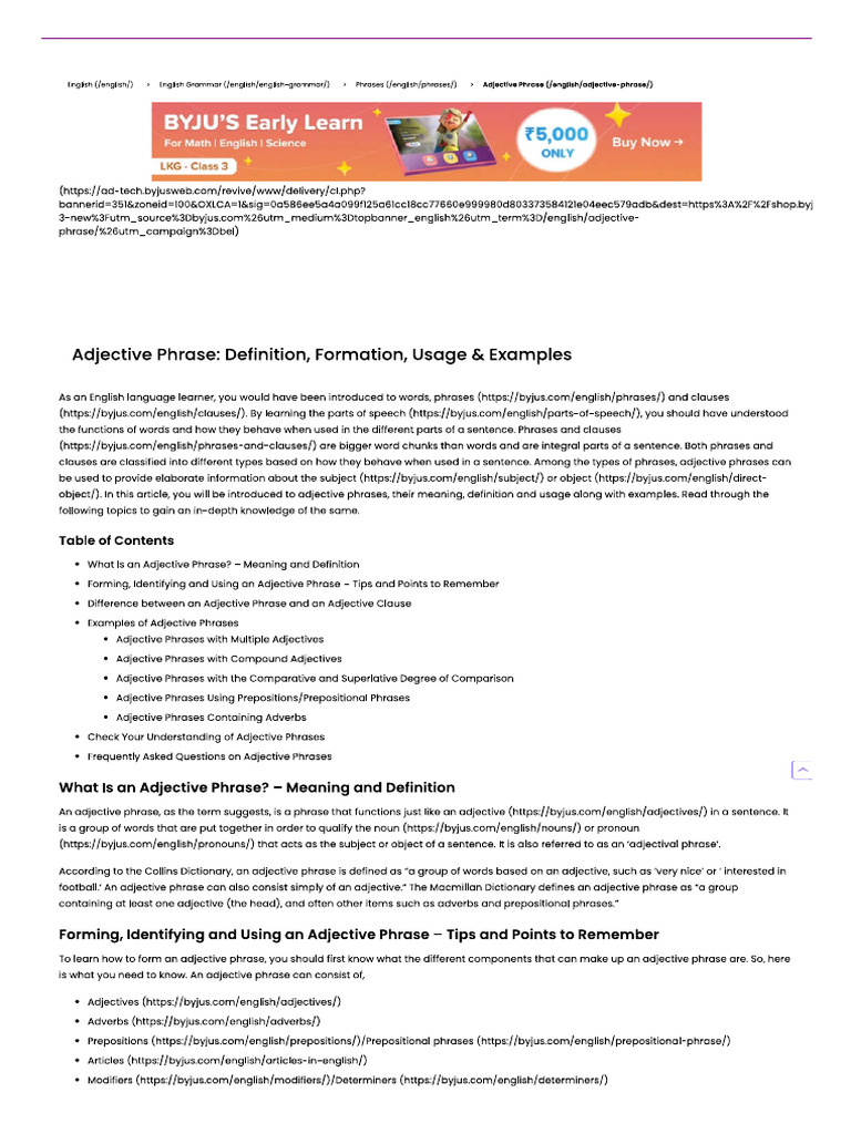 Adjective Phrase - Definition, Formation, Usage & Examples | PDF