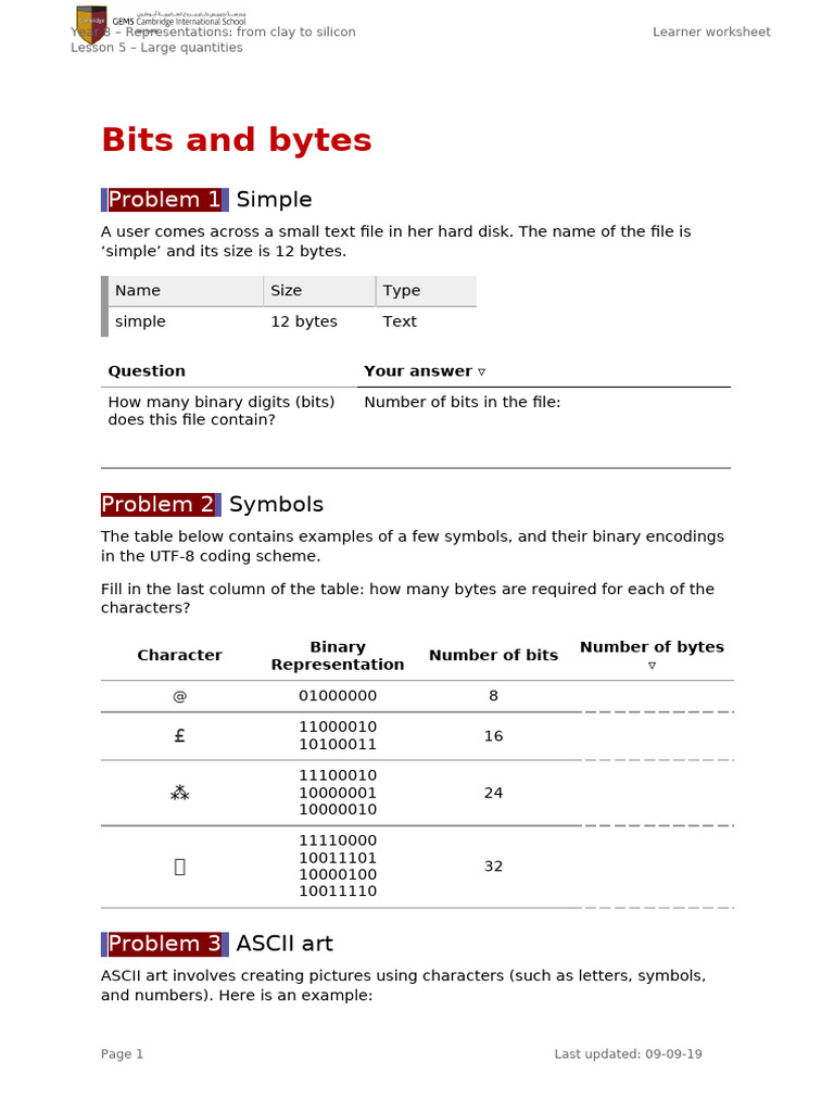 A2 Worksheet - Bits and Bytes | PDF | Byte | Bit