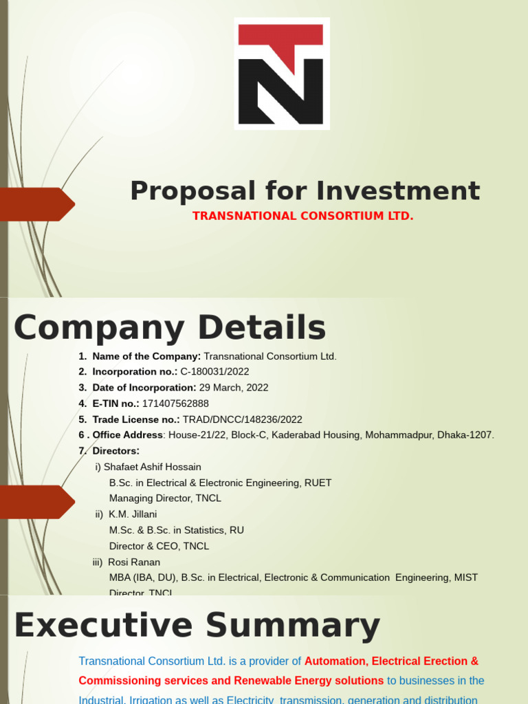 Proposal of Investment in TNCL for G2G Project | PDF | Electrical ...