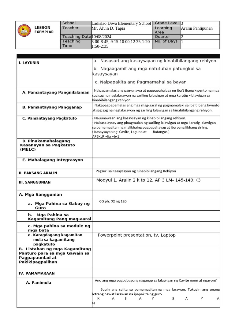 q2 AP 3 Lesson Exemplar Week 1 Tapia Day 2 Copy | PDF