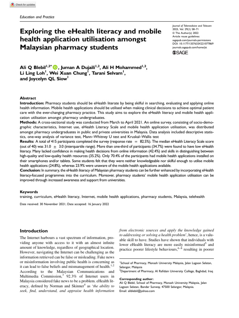 Exploring The Ehealth Literacy and Mobile Health Application Utilisation Amongst Malaysian ...
