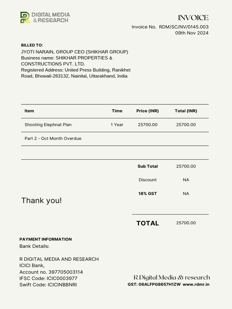 Invoice Oct Shikhar Properties | PDF