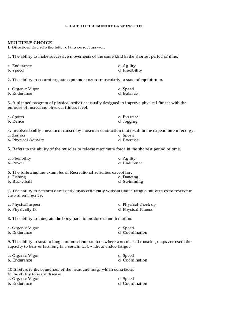 GRADE 11 PRELIMINARY EXAMINATION | PDF | Physical Fitness | Clinical Medicine