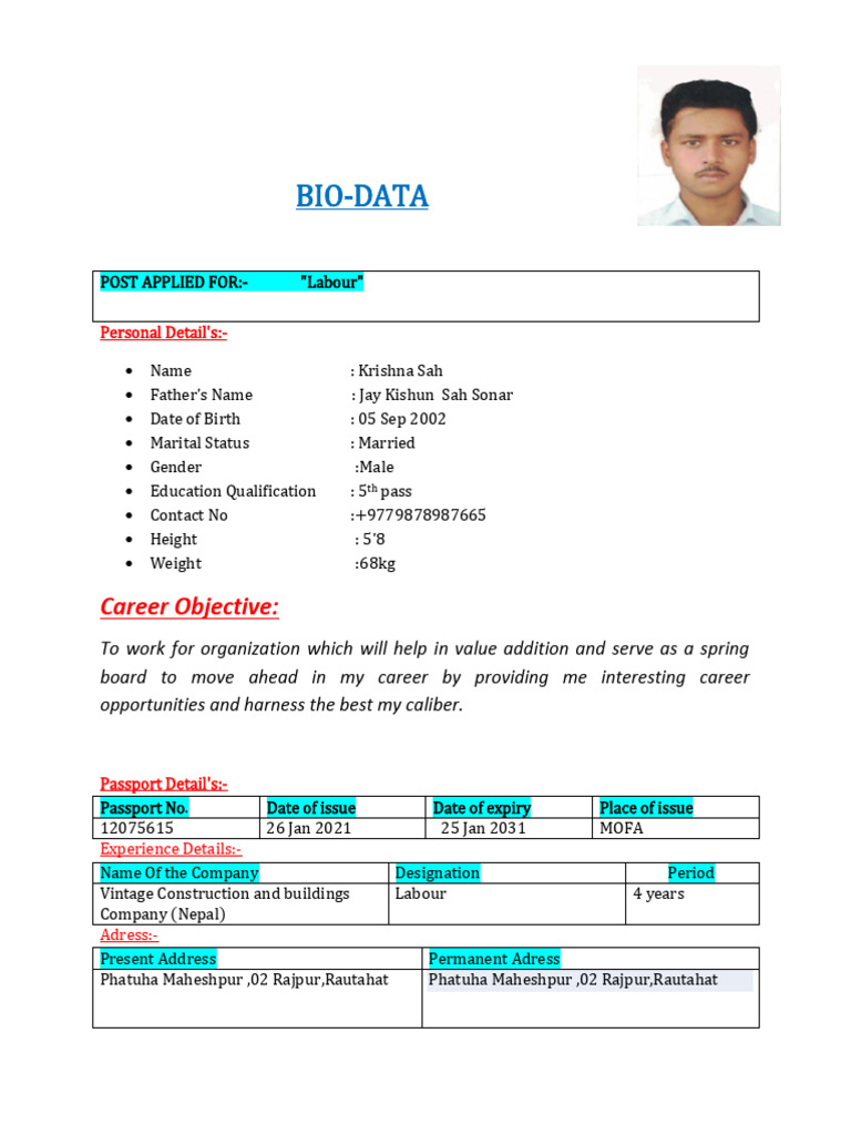 Labour Bio-Data of Krishna Sah | PDF