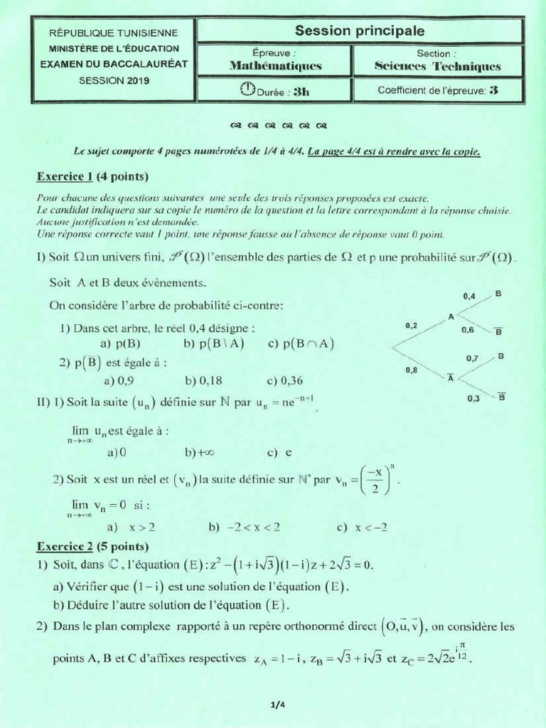 Bac 2019 Bac Tech Epreuve Math Session Principale PDF | PDF