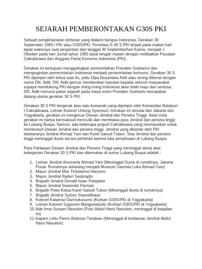 SEJARAH PEMBERONTAKAN G30S PKI | PDF