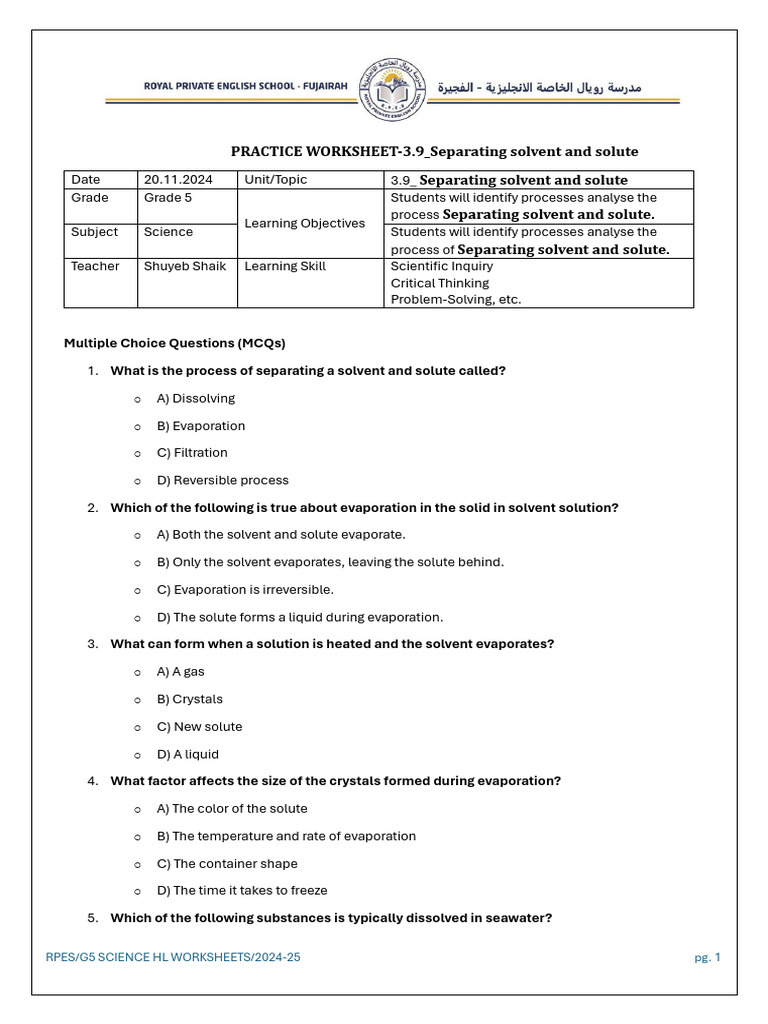 Science worksheet | PDF | Evaporation | Water
