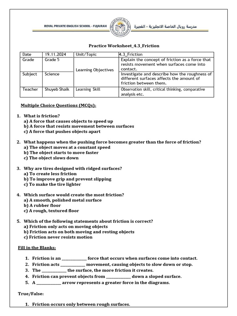 Science worksheet | PDF | Friction | Force