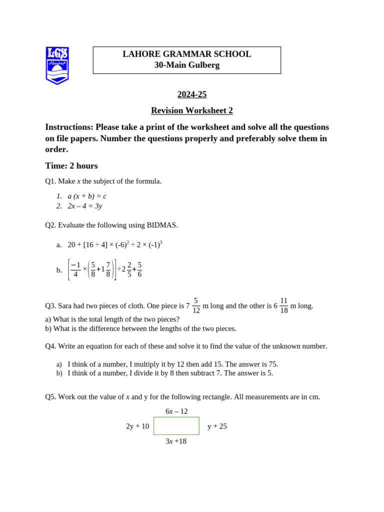 Maths Revision Worksheet 2 Grade 7 | PDF | Mathematics