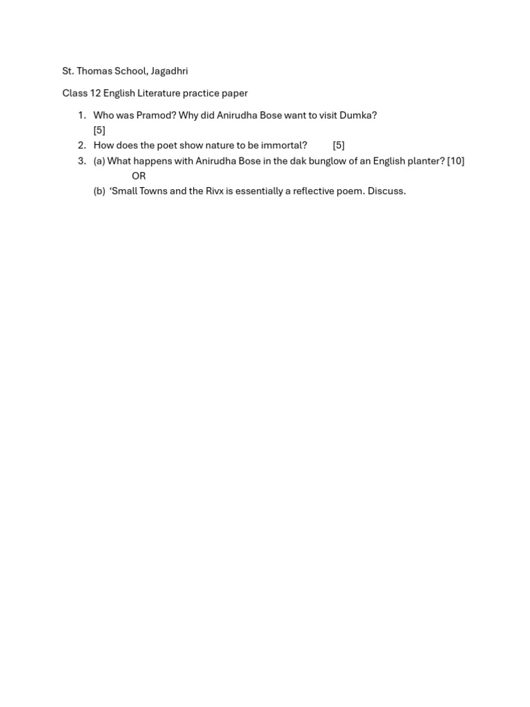 12 Literature Practice Paper | PDF