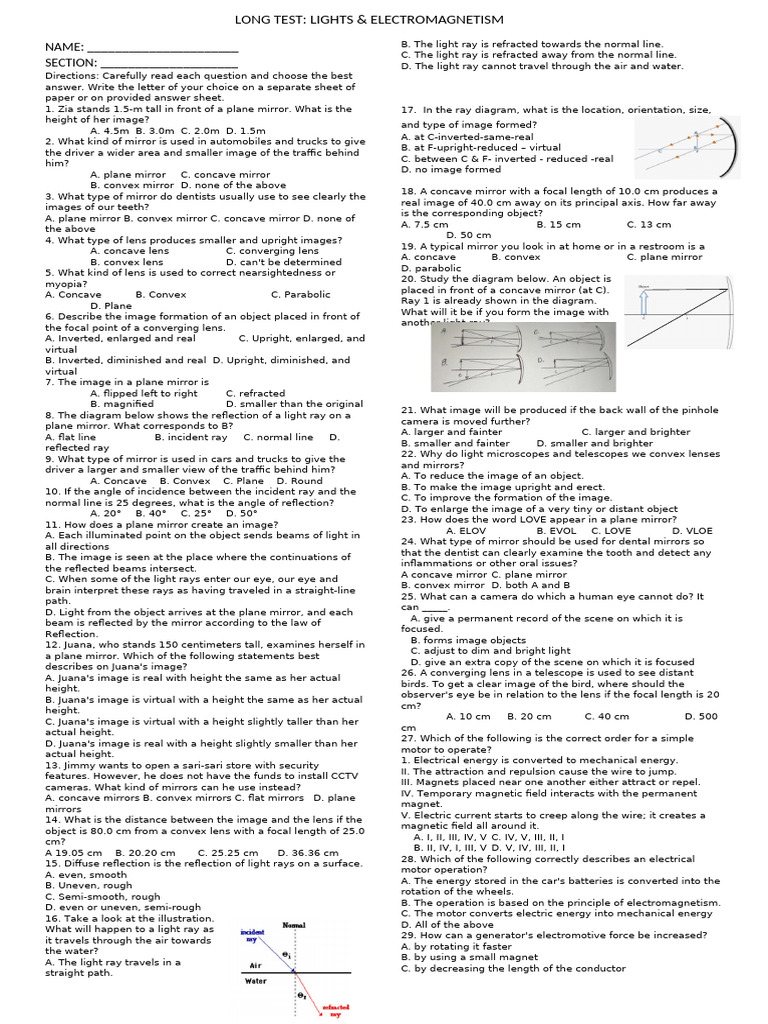 Long Test Lights (Mirror, Lenses & Electromagnetism) | PDF | Electric ...