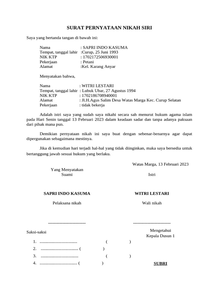SURAT PERNYATAAN NIKAH SIRI | PDF