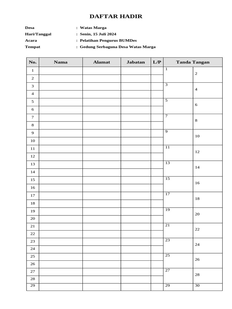 Daftar Hadir Pelatihan | PDF
