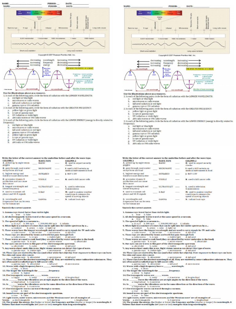 Electromagnetic Spectrum Worksheet 1 | PDF