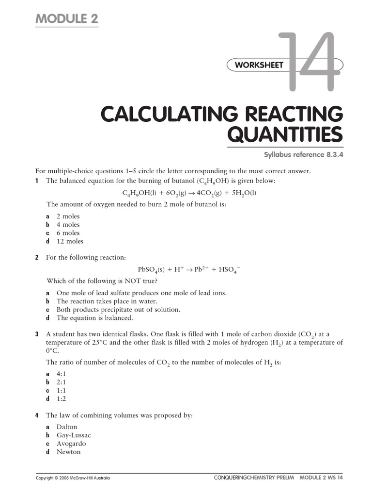 Worksheet - Calculating Reaction Quantities-1 | PDF | Chemical Reactions | Acid