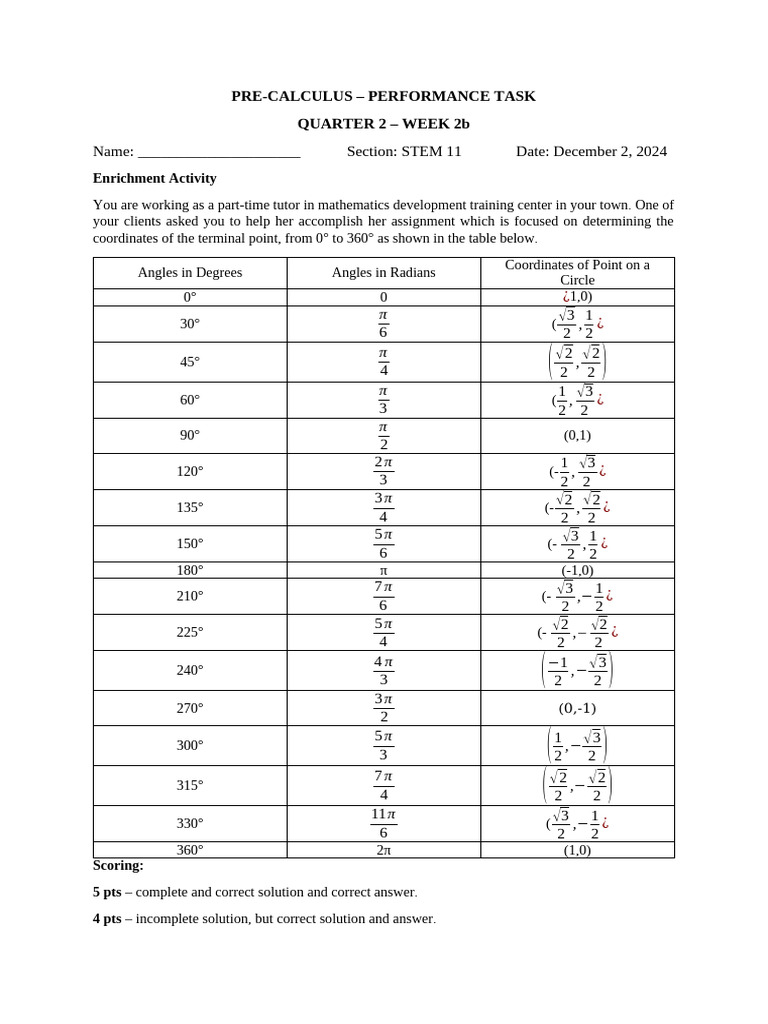 Pre-Calculus Trigonometry Tasks | PDF | Classical Mechanics | Geometry