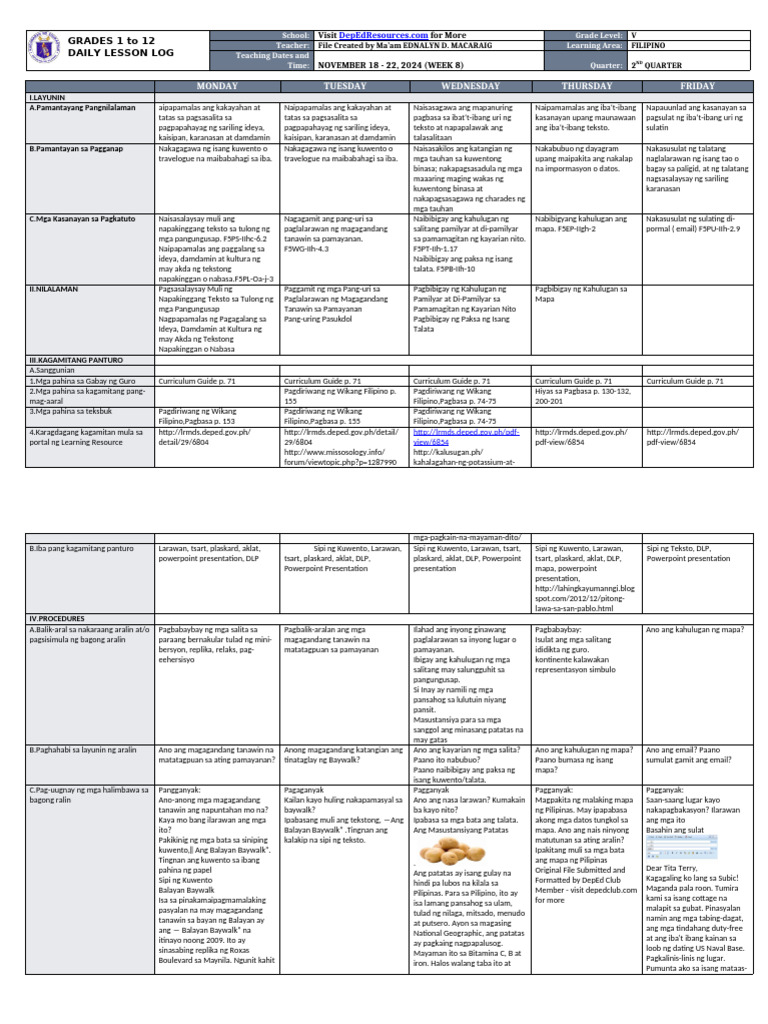 DLL - Filipino 5 - Q2 - W8 | PDF