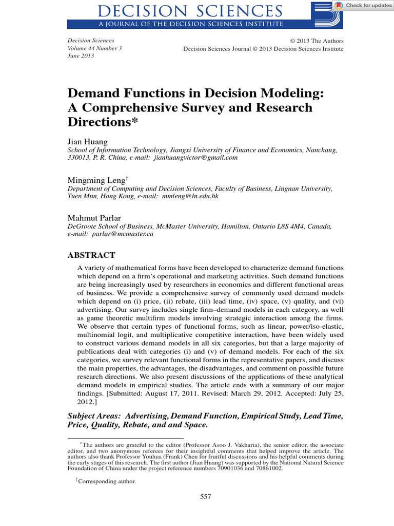 Decision Sciences - 2013 - Huang - Demand Functions in Decision Modeling A Comprehensive Survey ...