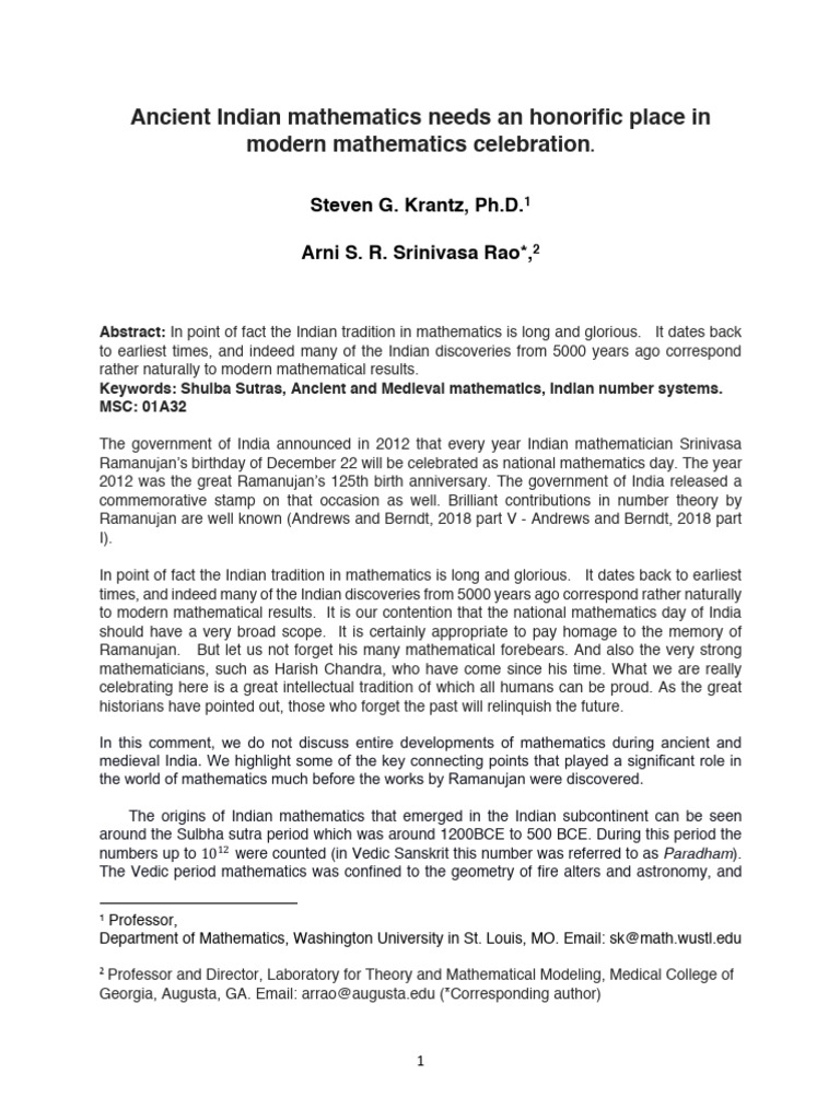 Ancient Indian Mathematics Needs An Honorific Plac | PDF | Mathematics