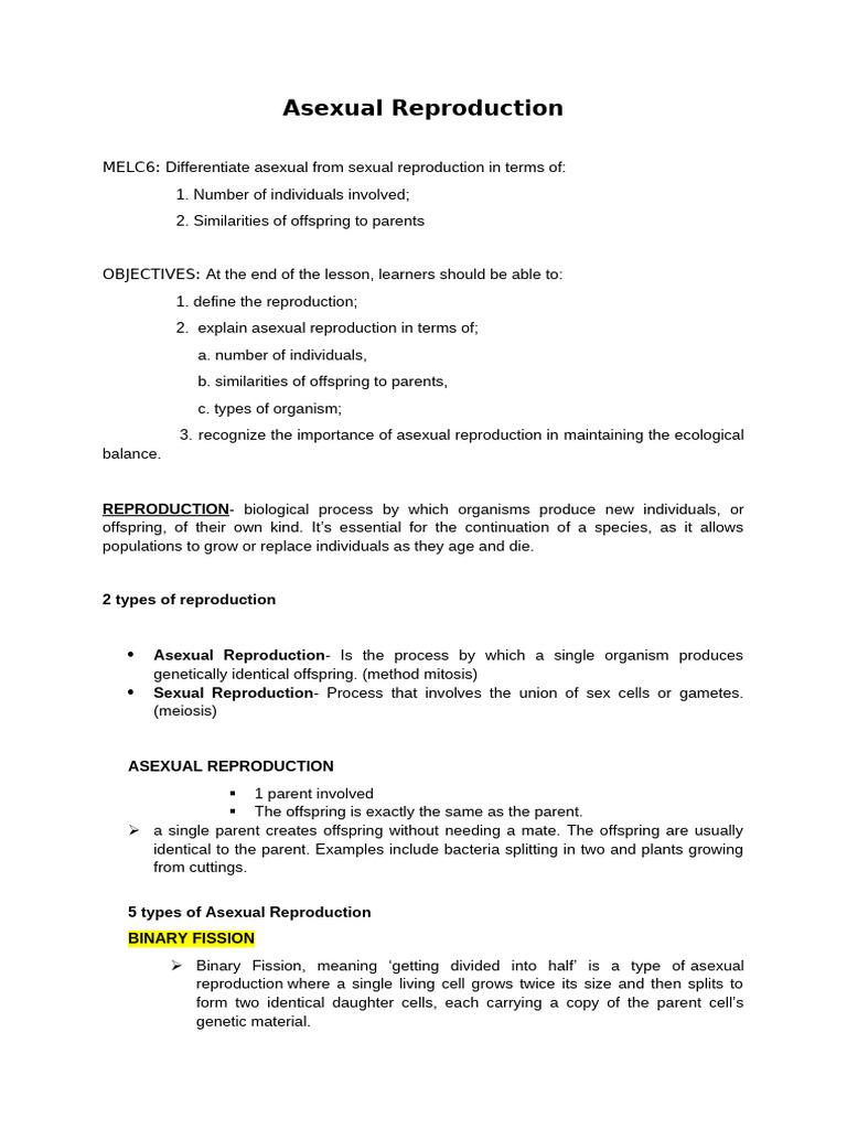 Asexual Reproduction NOTES | PDF | Reproduction | Plants
