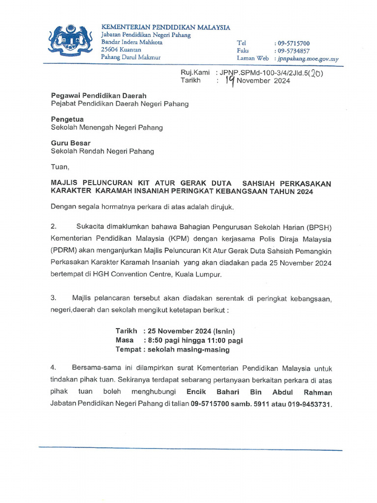 Majlis Peluncuran Kit Atur Gerak Duta Sahsiah-PPD,SMK,SK | PDF