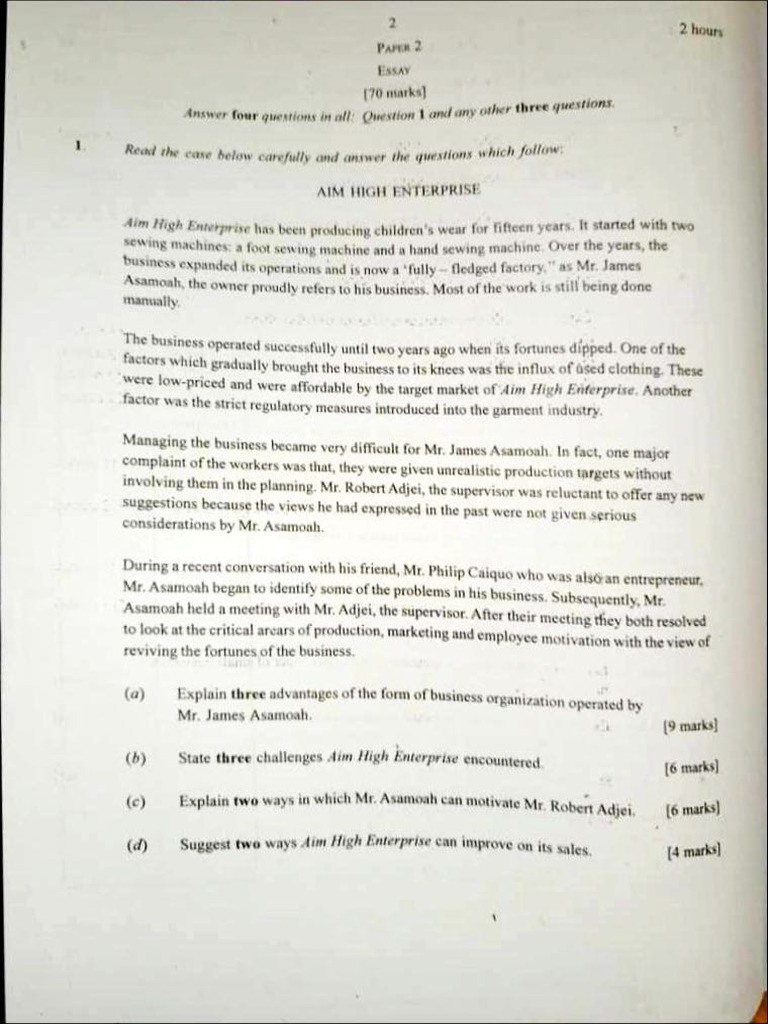 Business Management (Essay) - WASSCE 2024 | PDF