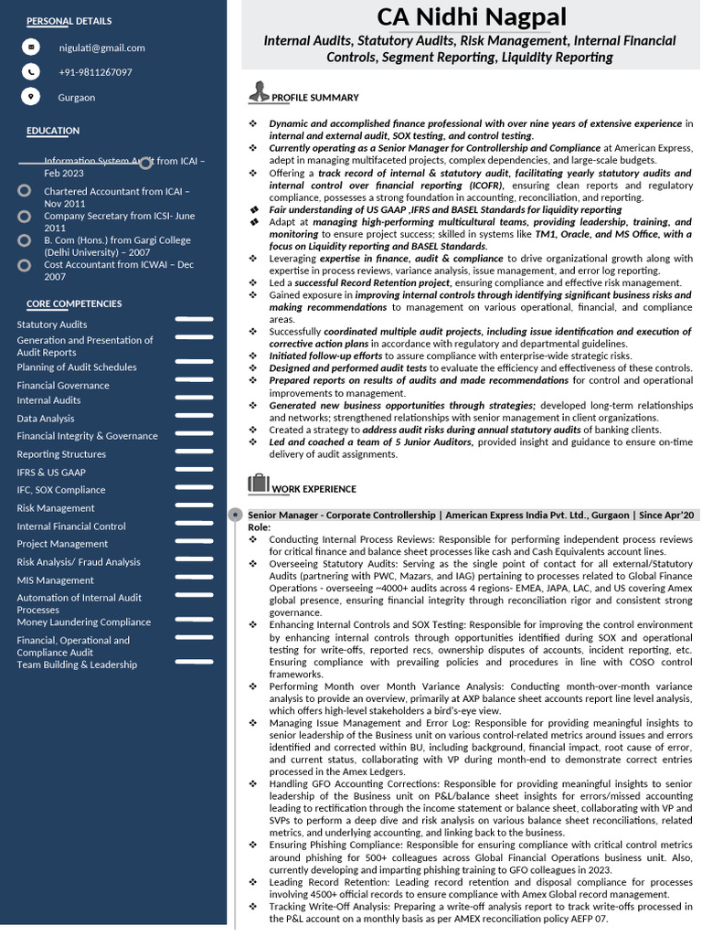 Resume- Nidhi Nagpal-1 | PDF | Audit | Internal Audit