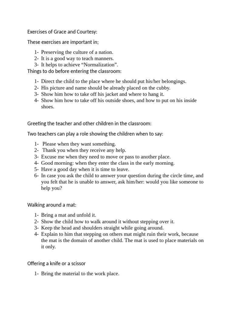 Exercises of Grace and Courtesy | PDF | Classroom | Teachers
