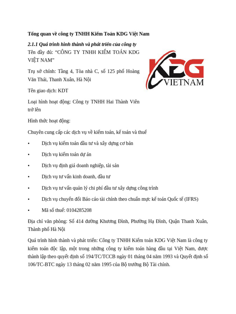 Tổng quan về công ty TNHH Kiểm Toán KDG Việt Nam | PDF