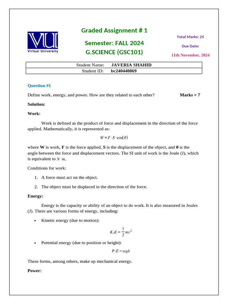 Physics Assignment Guide | PDF | Force | Potential Energy