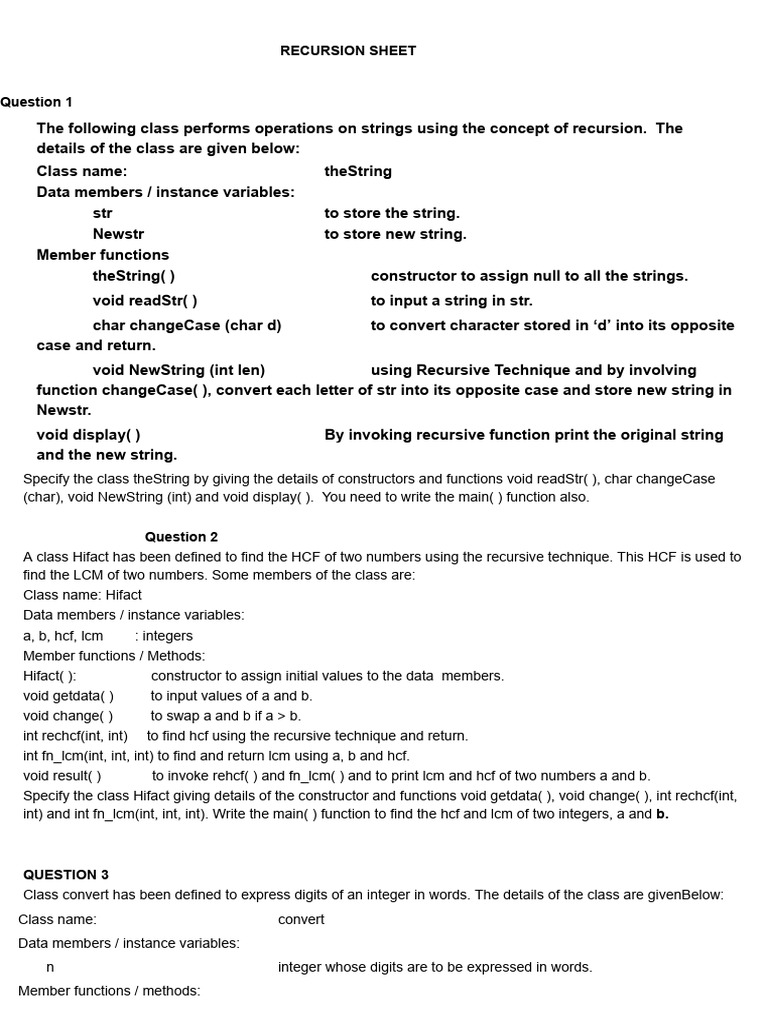 Recursion Sheet | PDF | Programming | Constructor (Object Oriented ... Recursion Sheet | PDF | Programming | Constructor (Object Oriented ...