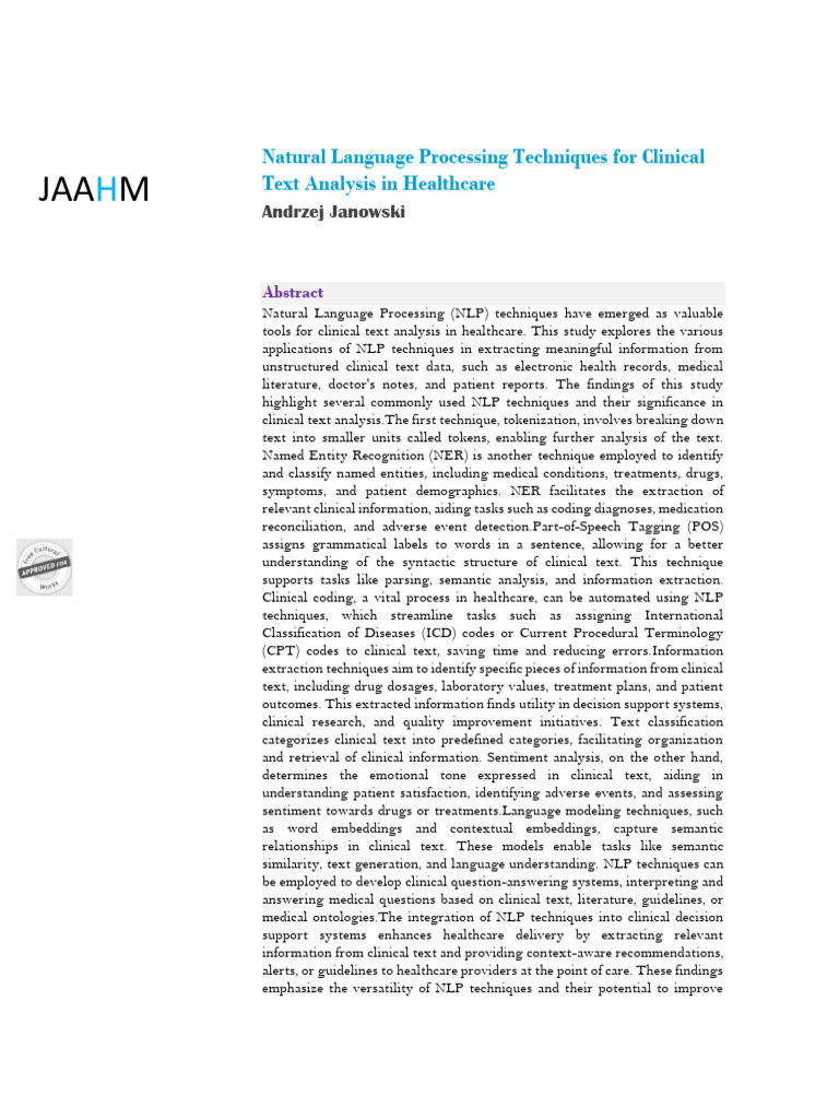 Natural Language Processing Techniques For Clinical Text Analysis In Healthcare Pdf