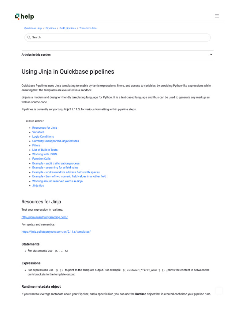 Using Jinja in Quickbase Pipelines – Quickbase Help | PDF | Parameter (Computer Programming ...