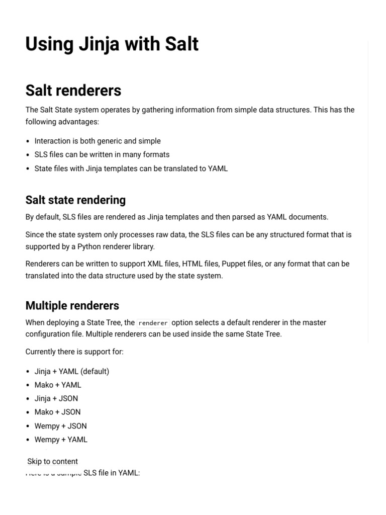 Using Jinja With Salt - Salt User Guide | PDF | Json | Software Development Using Jinja With Salt - Salt User Guide | PDF | Json | Software Development
