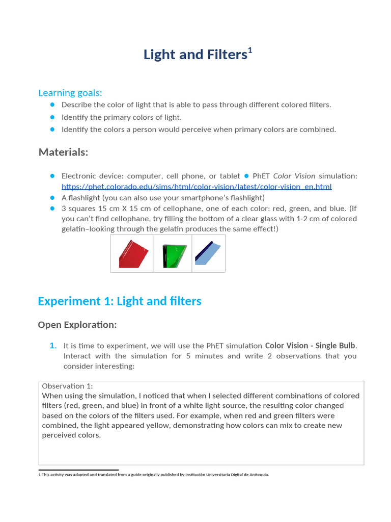 Activity Sheet - Light and Filters | PDF | Color | Optical Filter