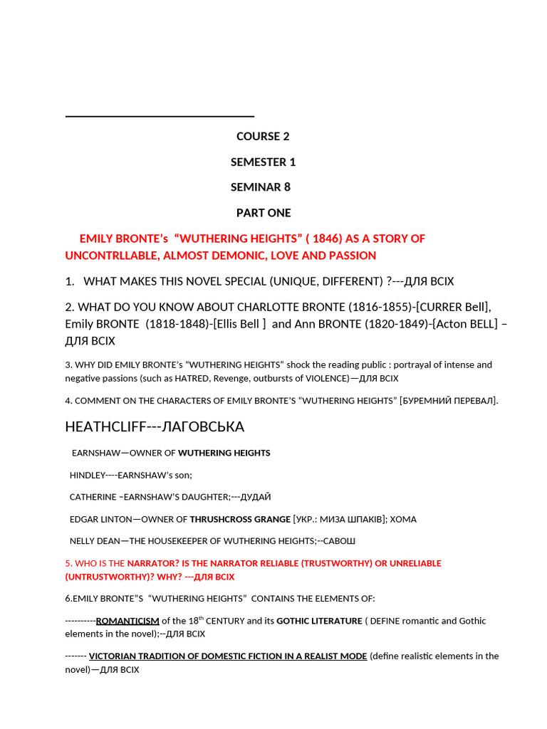 Seminar 8 Bronte Sisters - (Two Parts) | PDF | Wuthering Heights ...