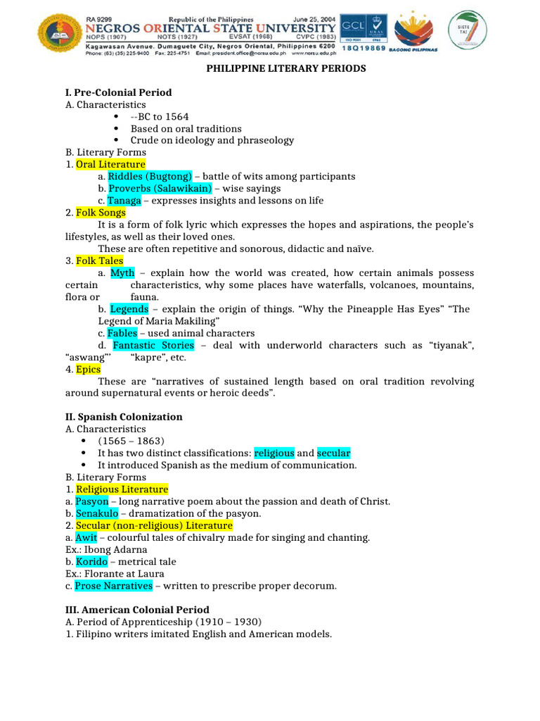 Philippine-Literary-Periods-Handout | PDF | Philippines | Narrative