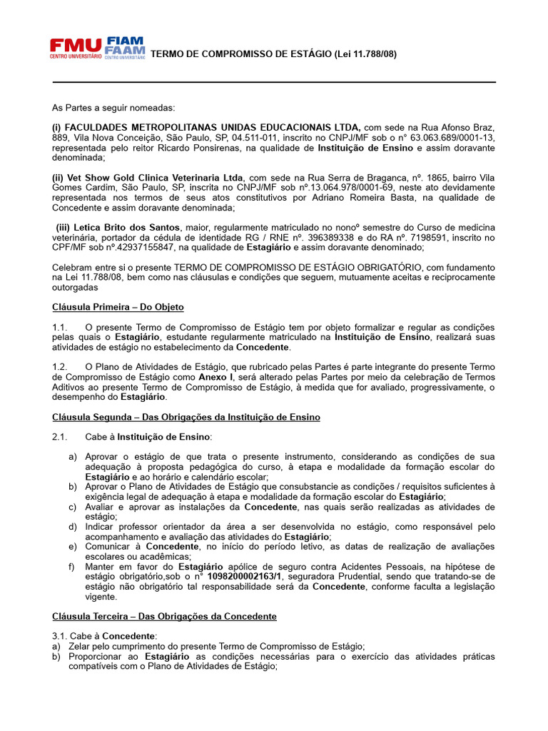 TERMO DE COMPROMISSO DE ESTAGIO FMU FIAM FAAM Novo | PDF | Estágio ...