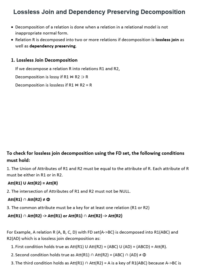 Lossless Join And Dependency Preserving Decomposition Pdf Databases Information Science 8858