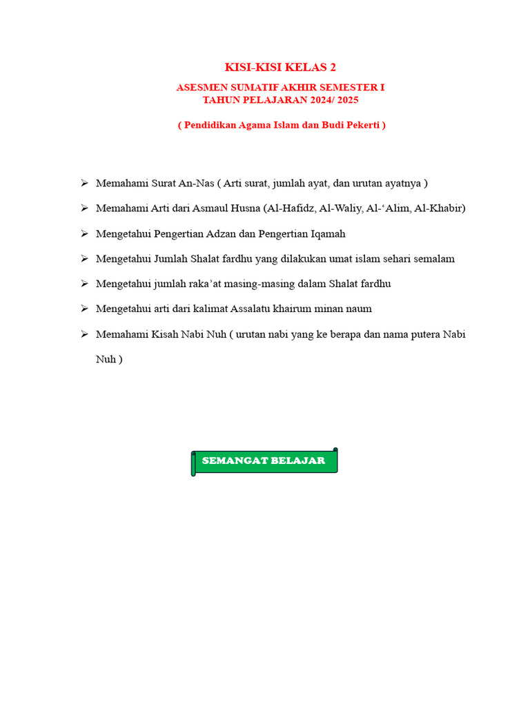 Kisi-Kisi Kelas 2 Paibp | PDF