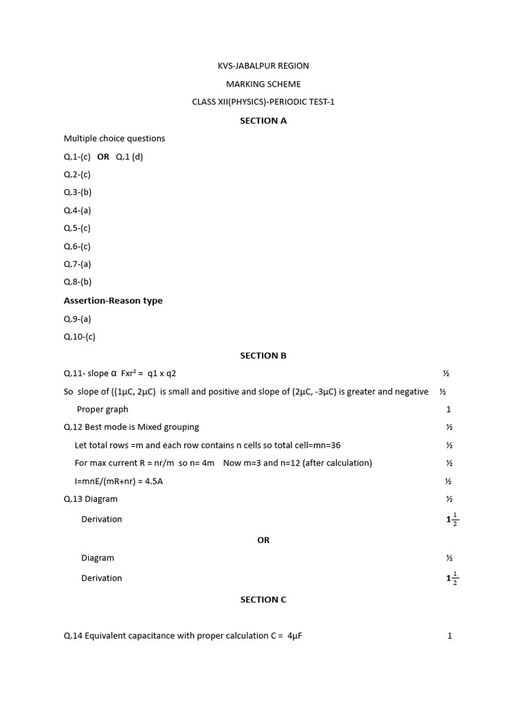 KVS Jabalpur Class XII Physics Marking Scheme | PDF | Electrical ...