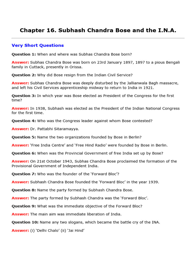 Subhas Chandra Bose INA - Outline | PDF | Partition Of India | Indian Independence Movement