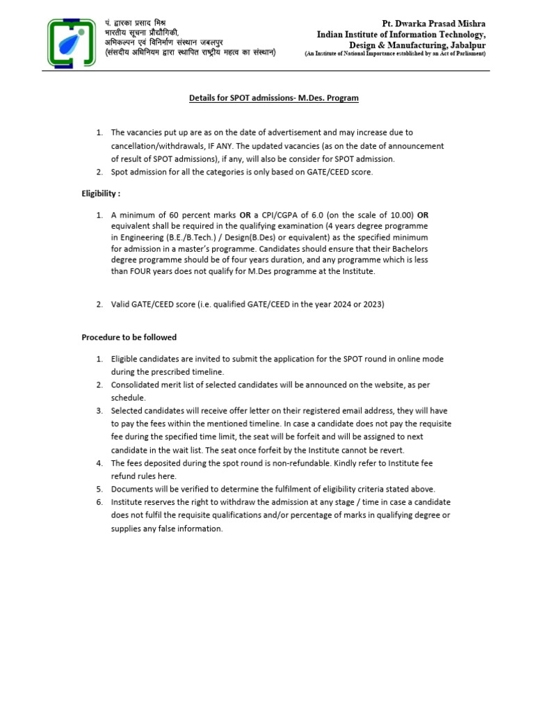 M.Des.Program (SPOT) advertisement for Session 2024-25 | PDF