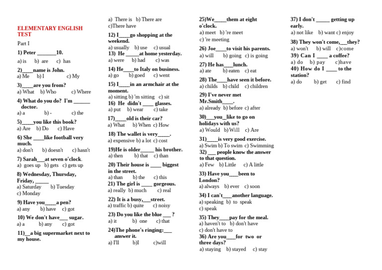 ELEMENTARY ENGLISH TEST | PDF ELEMENTARY ENGLISH TEST | PDF