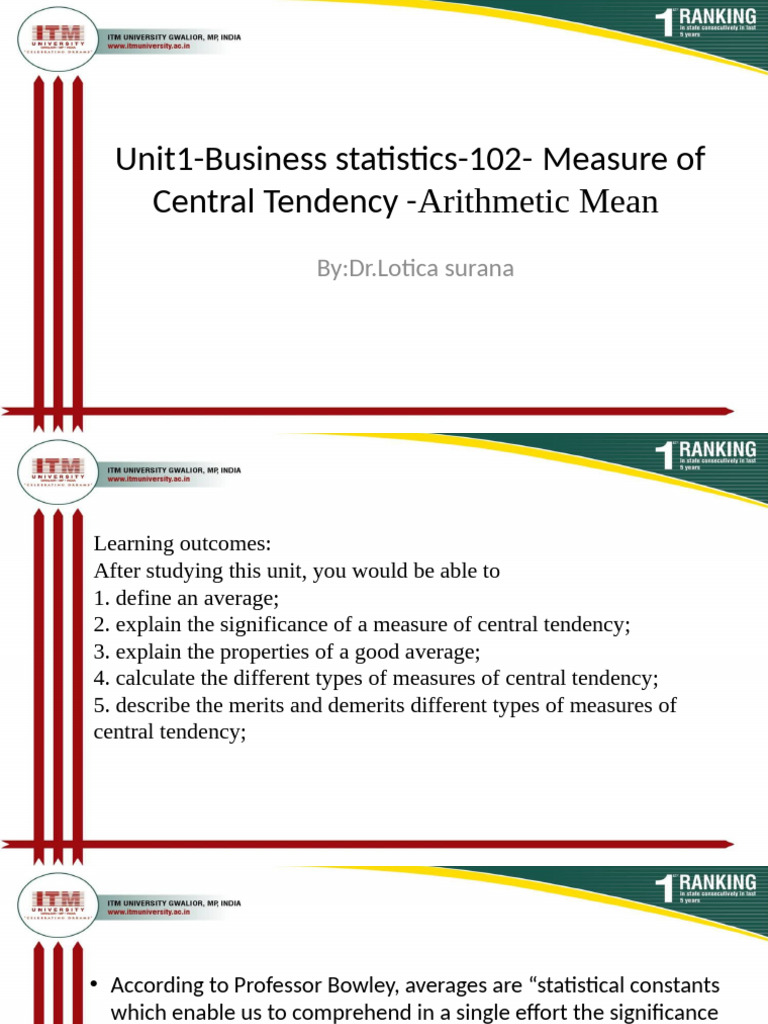Unit 1-Measure of Central Tendency - Arithmetic Mean | PDF | Arithmetic Mean | Average