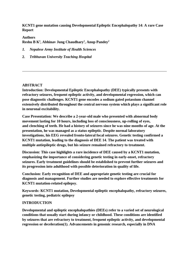 KCNT1 gene mutation causing Developmental Epileptic Encephalopathy 14 | PDF | Epilepsy | Nervous ...