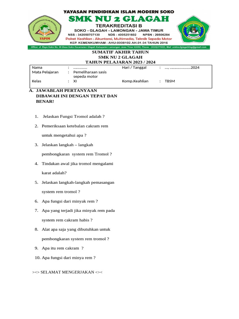 Soal Pemeliharaan Sasis Sepeda Motor Kelas XI | PDF
