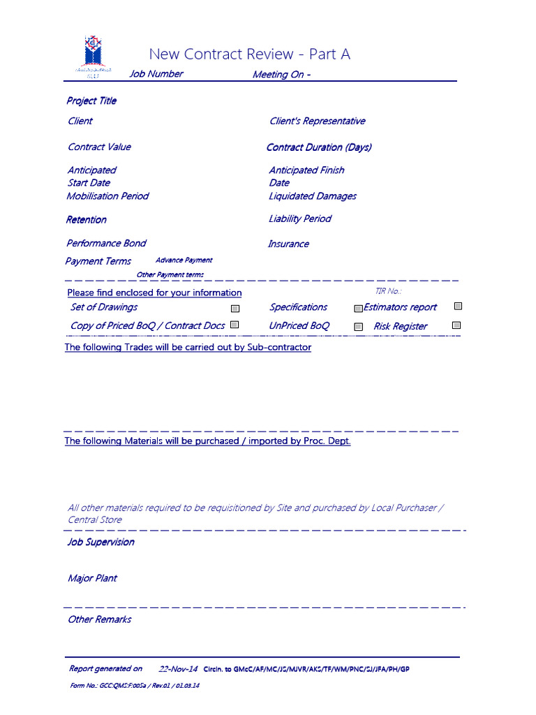 GCC QMS F 005a New Contract Review Report | PDF