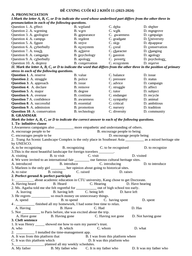ĐỀ CƯƠNG 11 HKII 2023 2024 | PDF | Urban Agriculture | Wetland