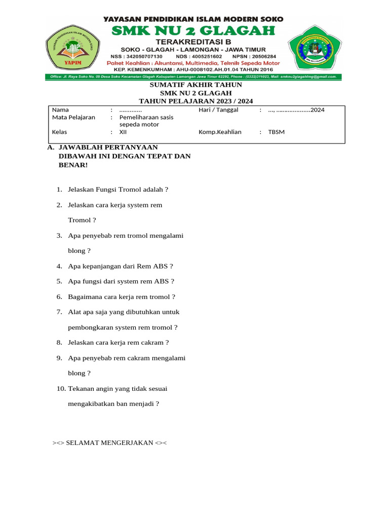 Soal pemeliharaan sasis sepeda motor kelas XII | PDF